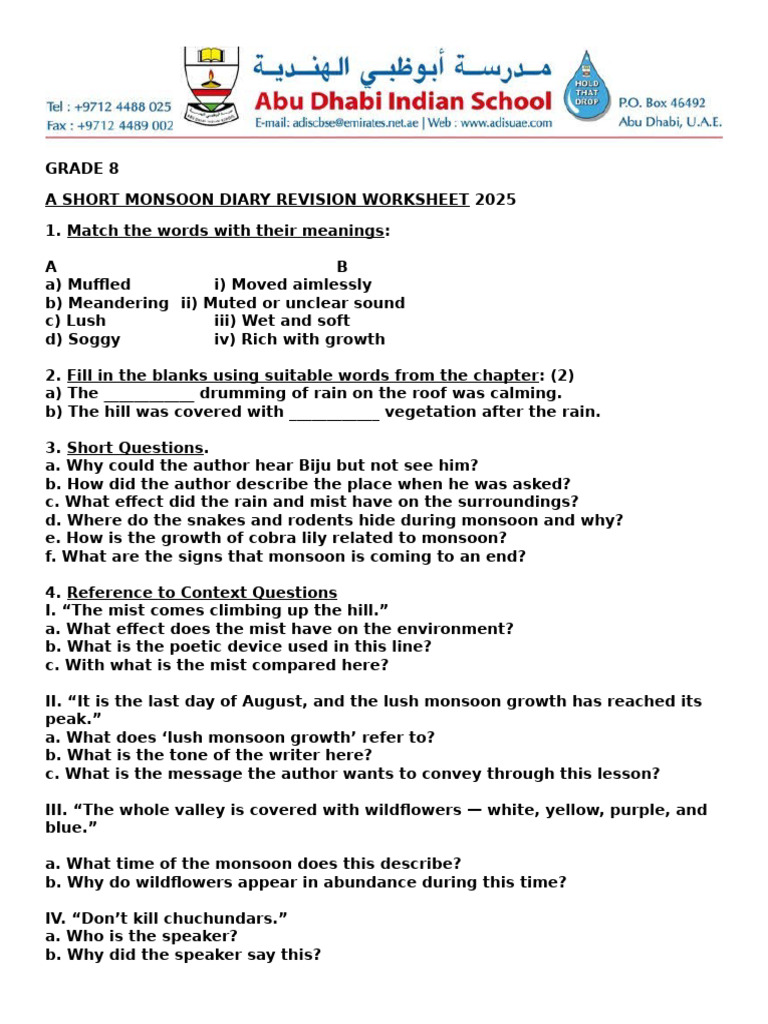A Short Monsoon Diary Revision Worksheet Term 12025 | PDF