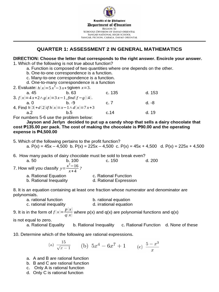 General Mathematics Q1 Assessment 2 | PDF | Rational Number ...