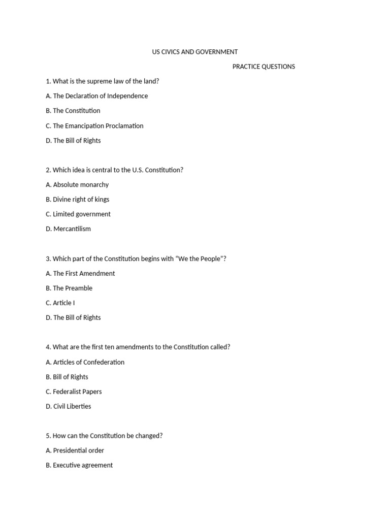 US CIVICS AND GOVERNMENT Practice Questions... | PDF | Constitution ...