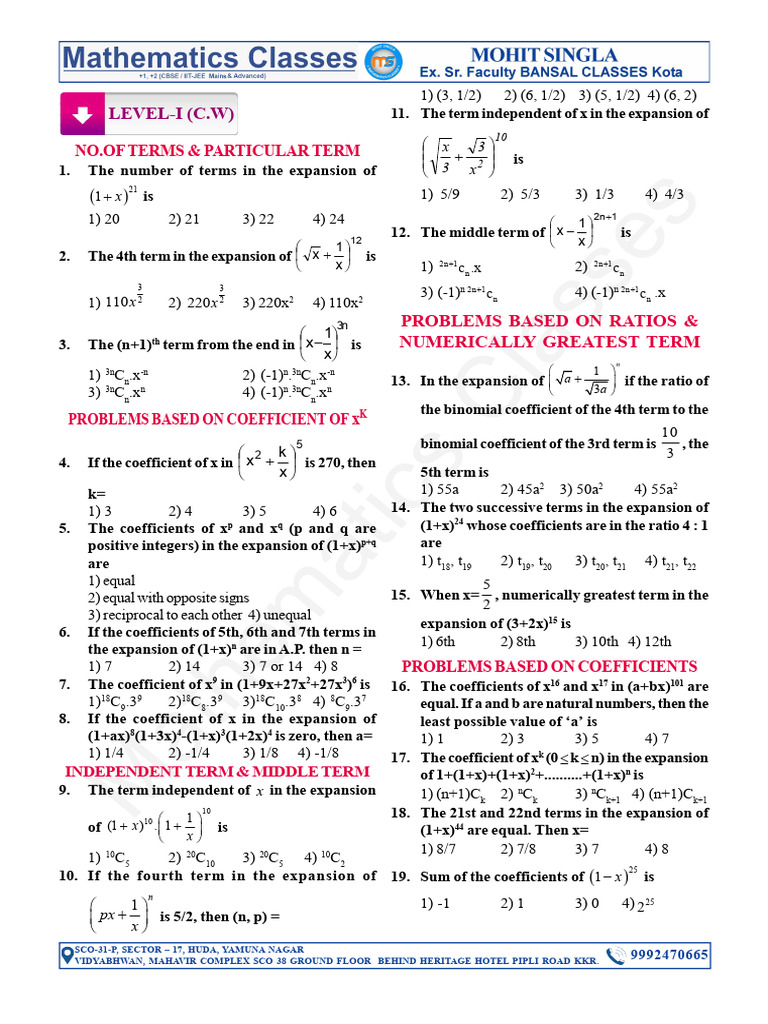 Level - I (C.W) (Binomial Theorem) | PDF | Numbers | Complex Analysis