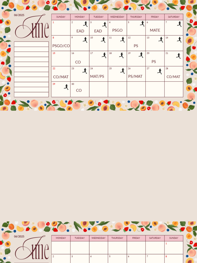 Pink and Peach Floral Fruity Illustrated June 2025 Calendar | PDF