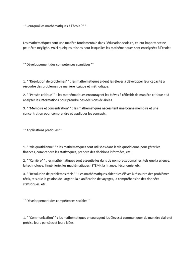 Importance des mathématiques à l'école | PDF | Mathématiques | Statistiques