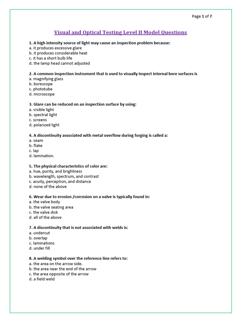 Visual Testing Level II Exam Questions | PDF | Nondestructive Testing ...