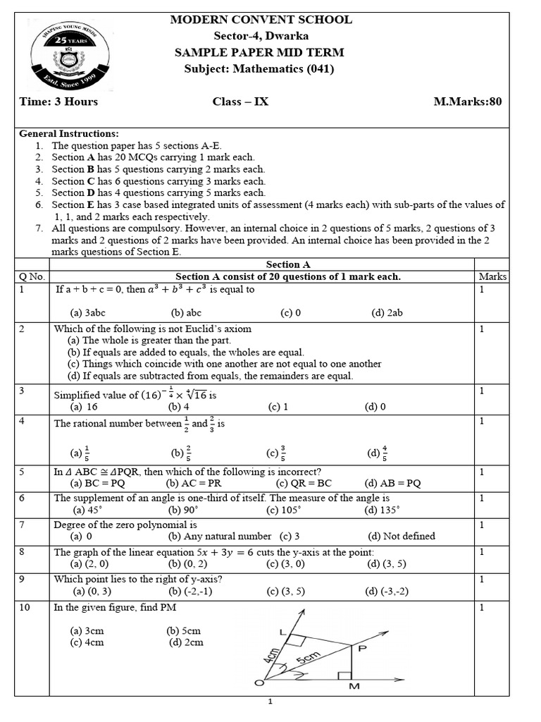 Class IX Mathematics Mid Term Sample Paper | PDF | Cartesian Coordinate ...