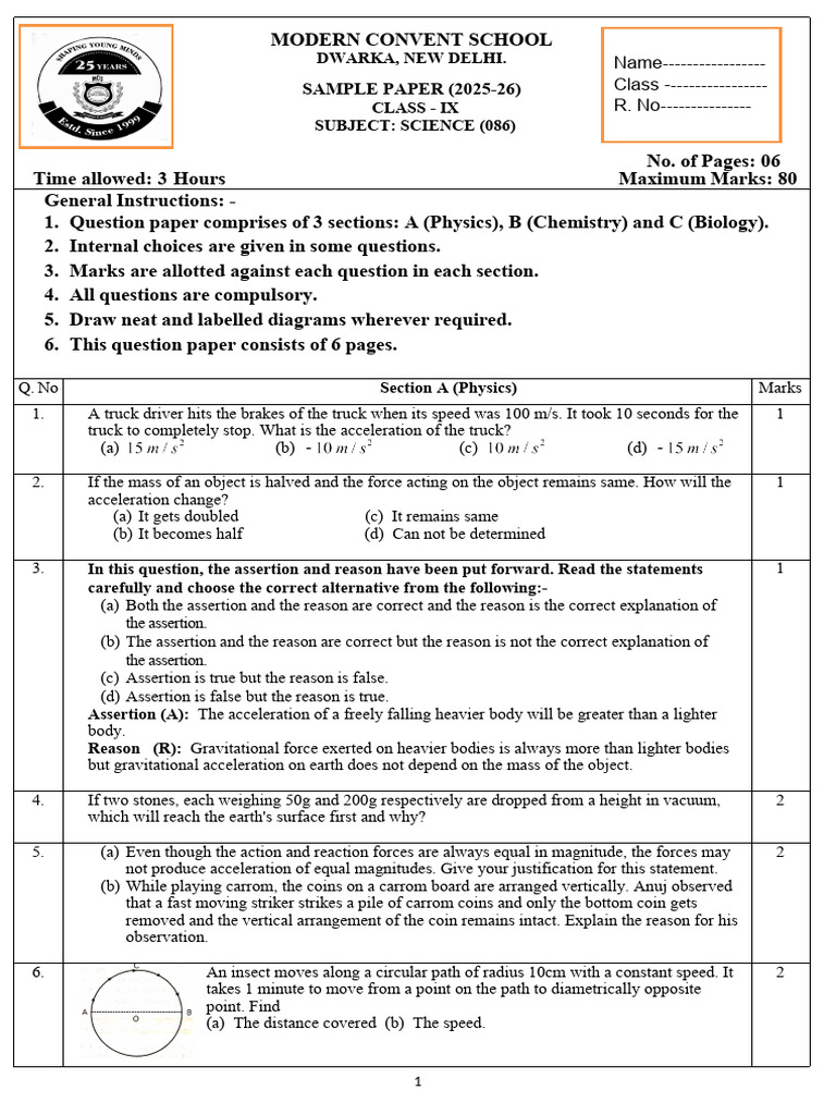 Class IX Science Sample Paper 2025-26 | PDF | Tissue (Biology) | Force