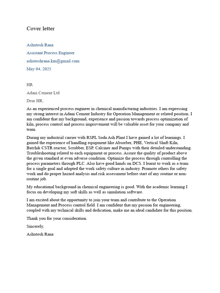 Cover Letter Adani Cement | PDF