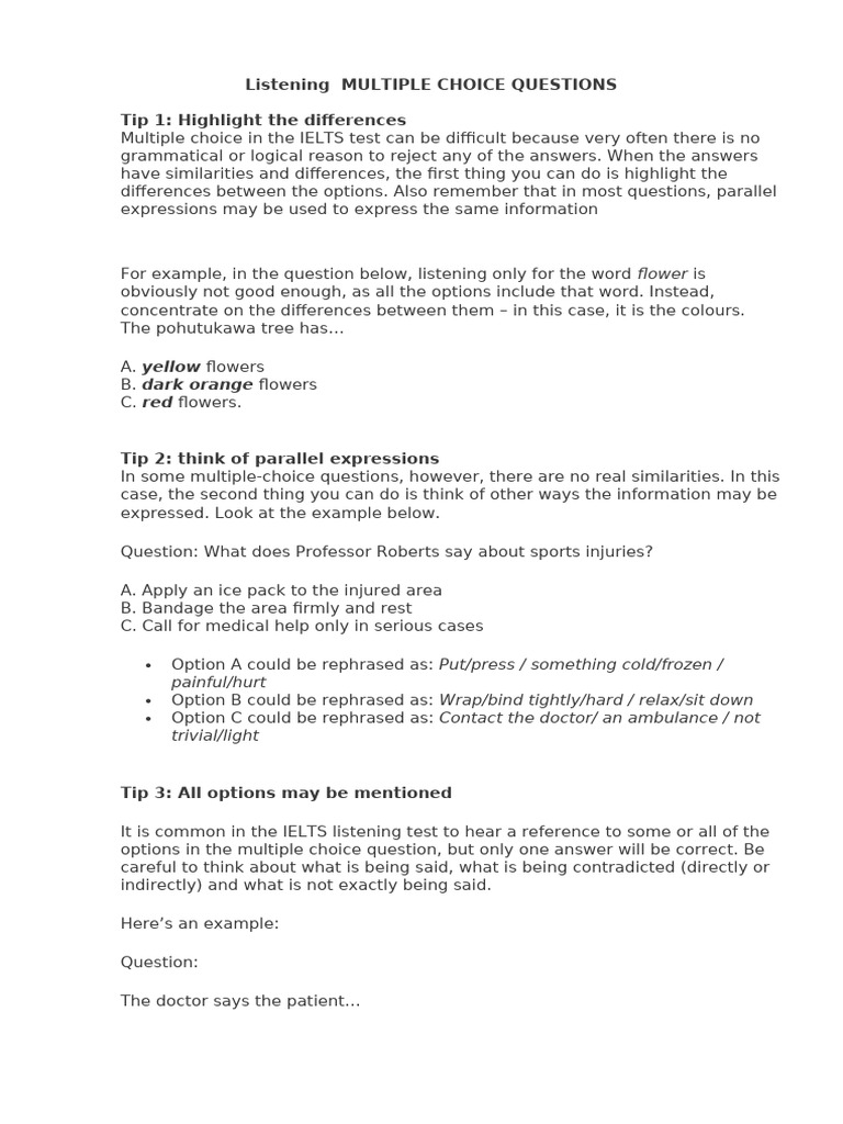 IELTS Listening: Multiple Choice Tips | PDF | Multiple Choice ...