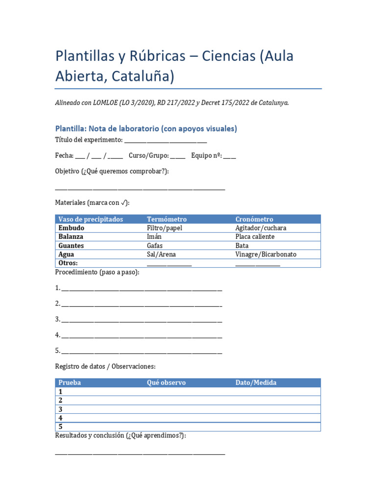 Plantillas y Rúbricas para Ciencias LOMLOE | PDF | Laboratorios