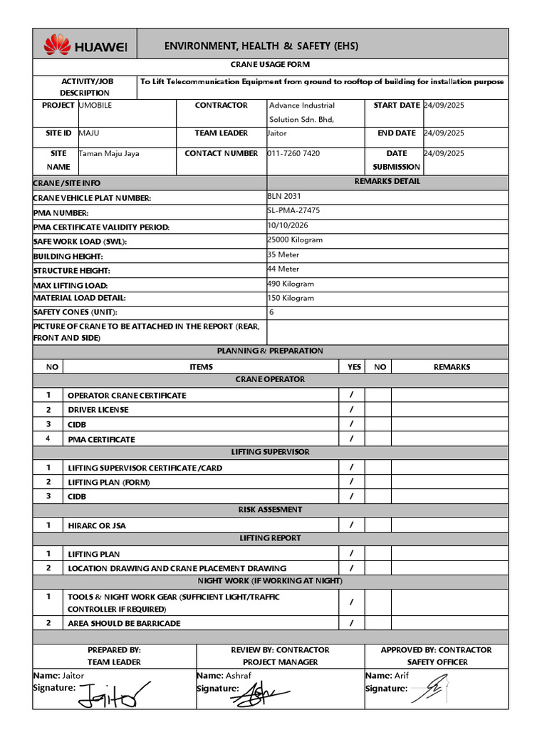 EHS Crane Usage Form for Telecom Lift | PDF | Crane (Machine ...