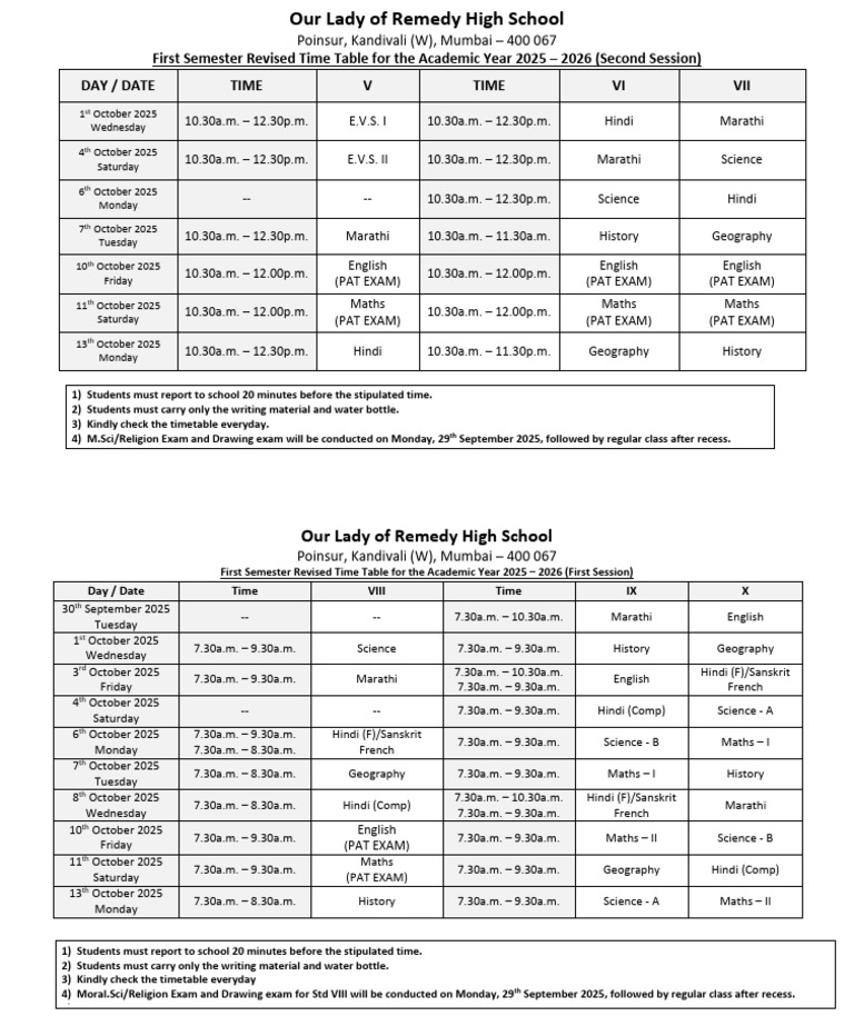 Revised Time Table October 2025 | PDF