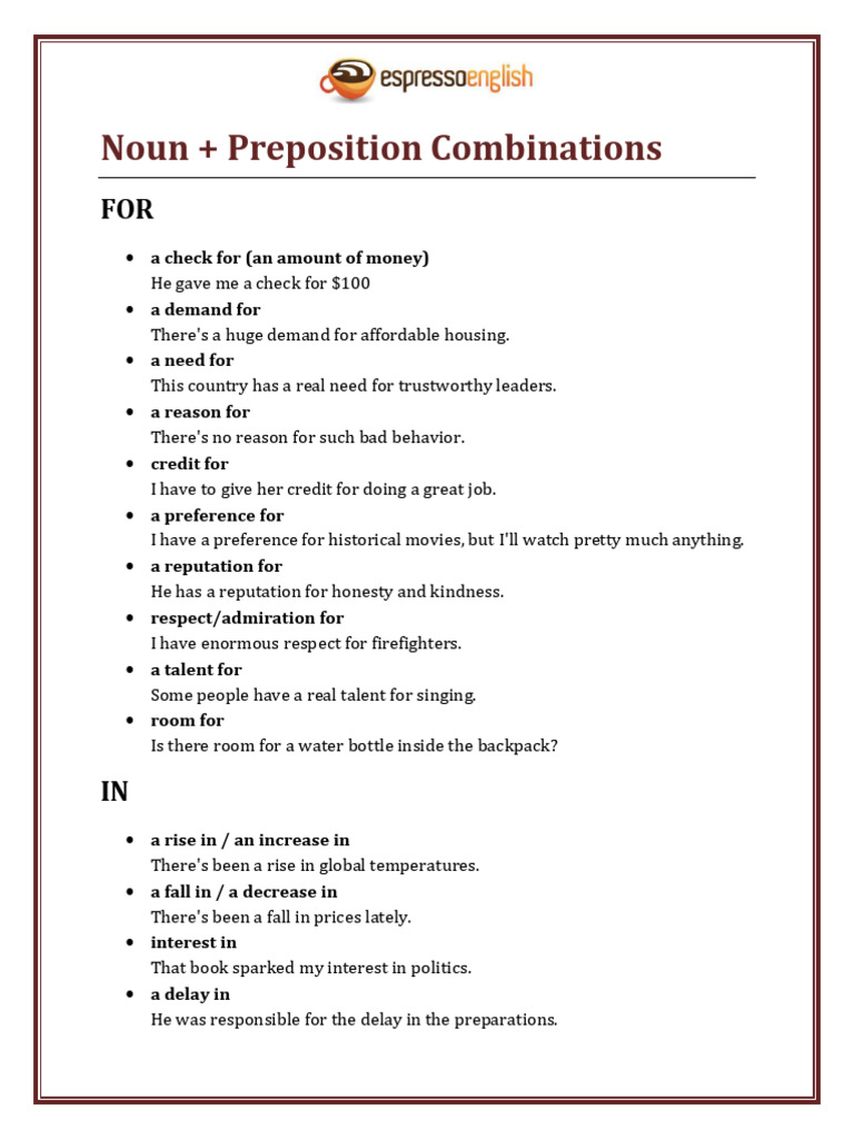 Noun Preposition Combinations in English 1 | PDF