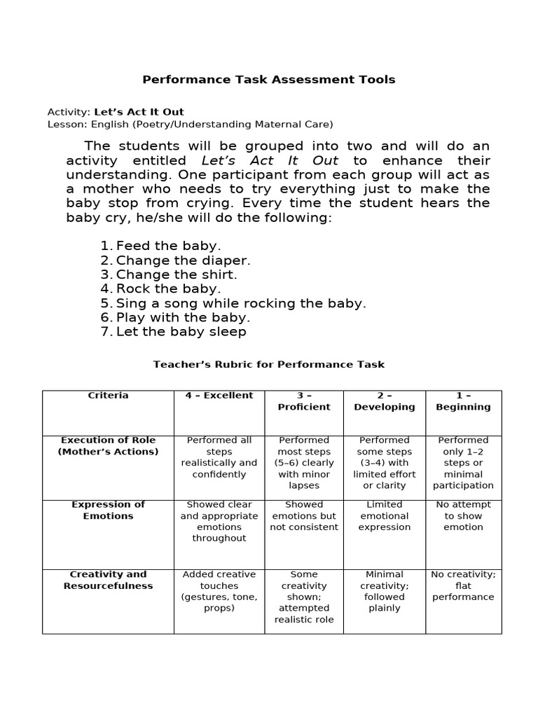 Kindergarten Performance Task Rubric | PDF