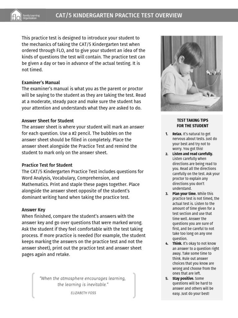 Cat Kindergarten Practice Test | PDF | Reading Comprehension