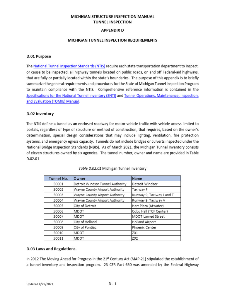 Appendix D Tunnel Inspection | PDF | Quality Assurance | Safety