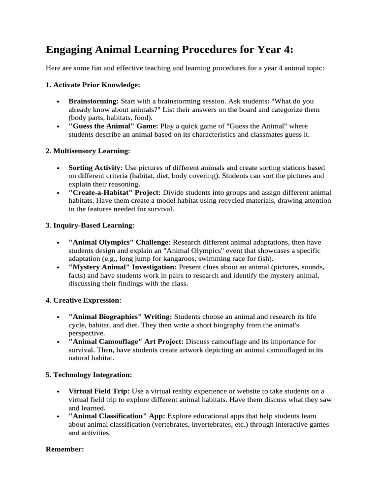Engaging Animal Learning Procedures For Year 4 | PDF | Learning ...