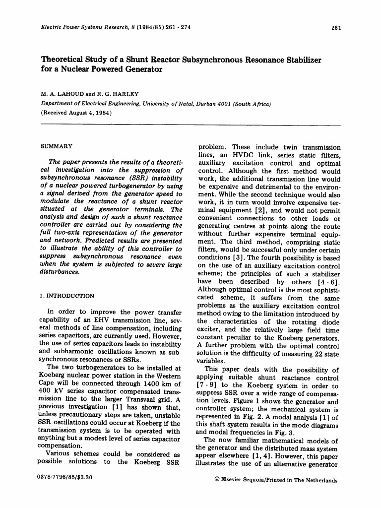 Theoretical Study of A Shunt Reactor Sub Synchronous Resonance ...