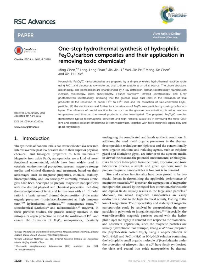 One-Step Hydrothermal Synthesis of Hydrophilic Fe3O4-Carbon Composites ...