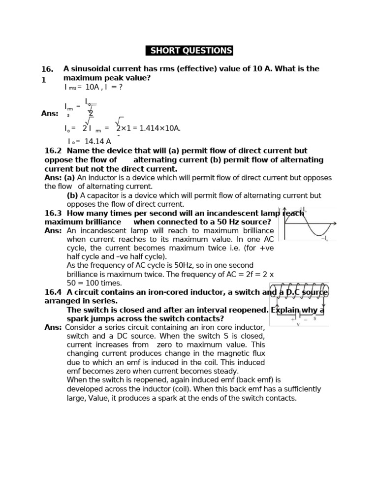 SHORT QUESTIONS and Numericals CH 16 | PDF | Inductor | Inductance