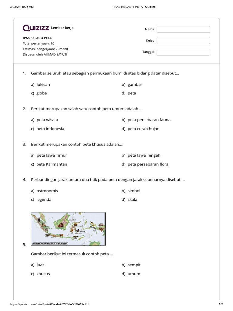 Soal IPAS Peta Kelas 4 untuk Quizizz | PDF