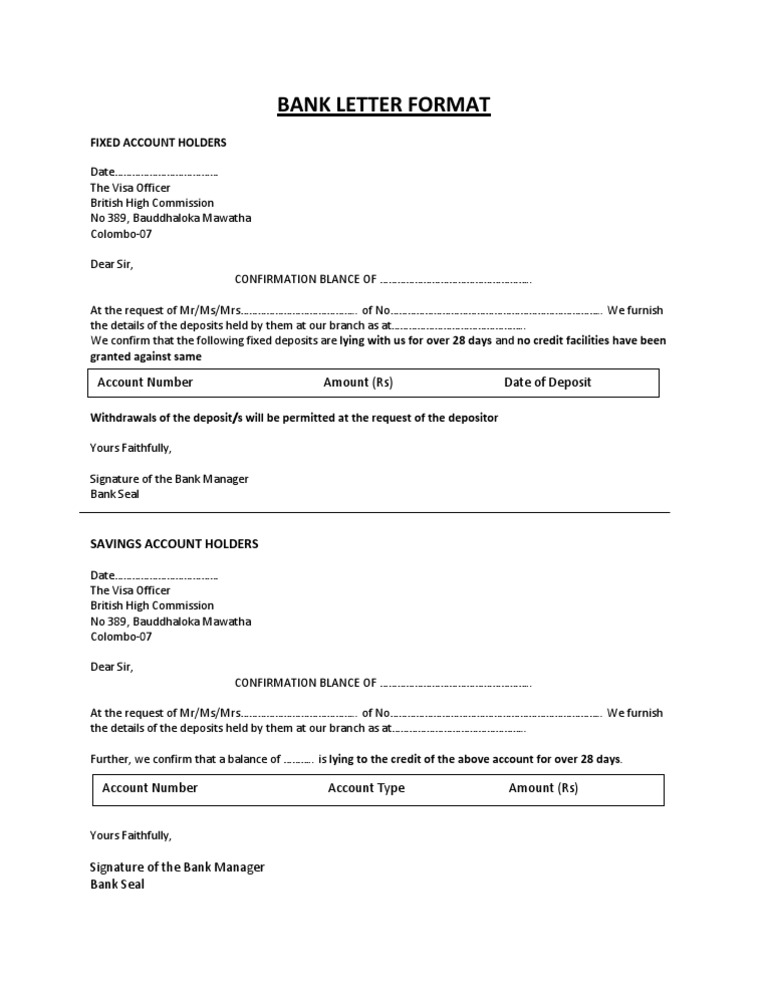 Format Of Letter To Bank