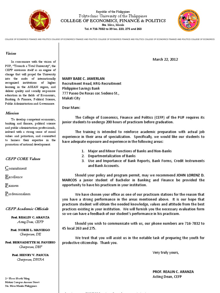 Practicum Recommendation for Banking Student | PDF | College | Academia
