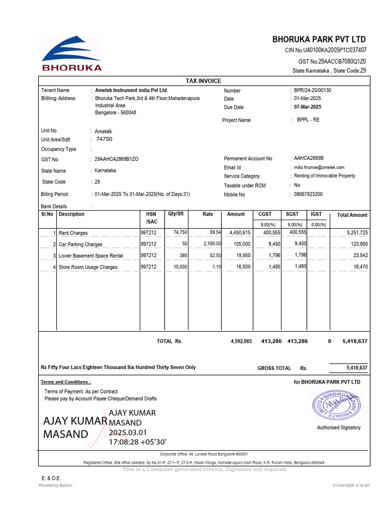 Ametek Rental Invoice Mar 25 | PDF | Cheque | Taxation