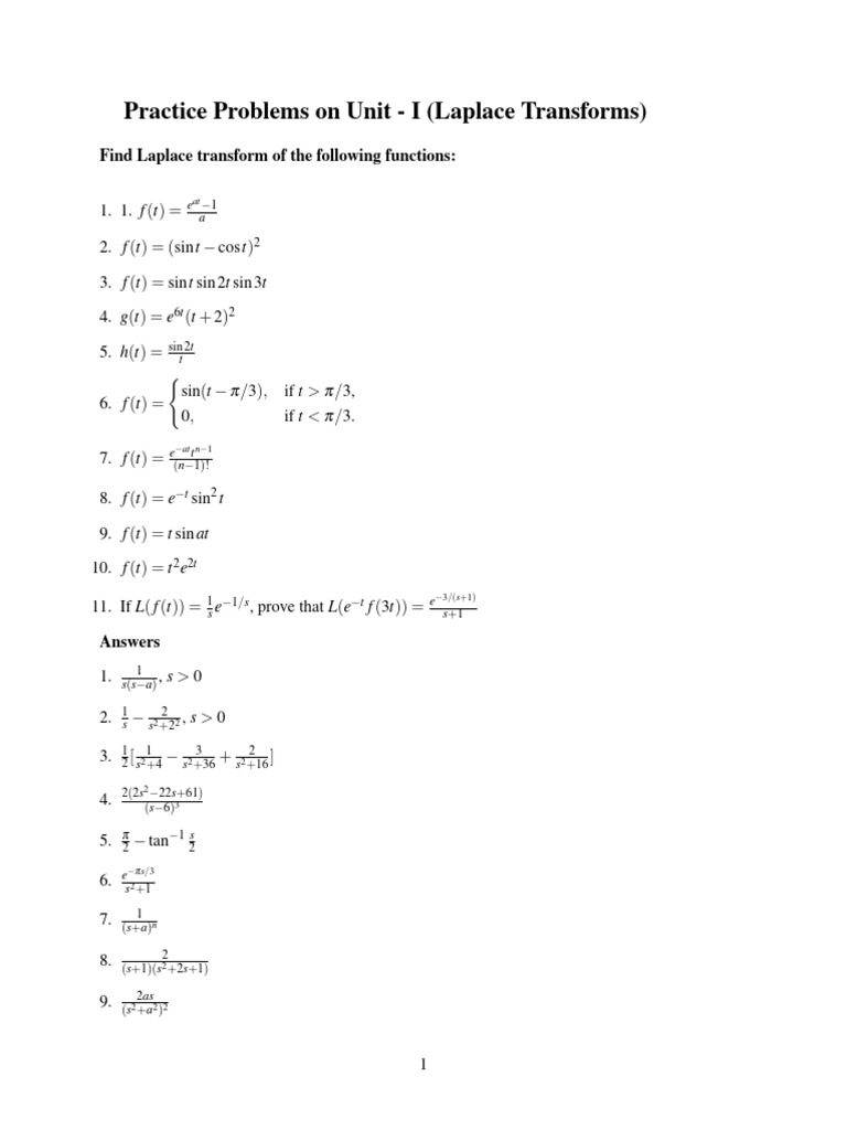 Practice Problems On Unit - I (Laplace Transofrm) | PDF | Laplace ...