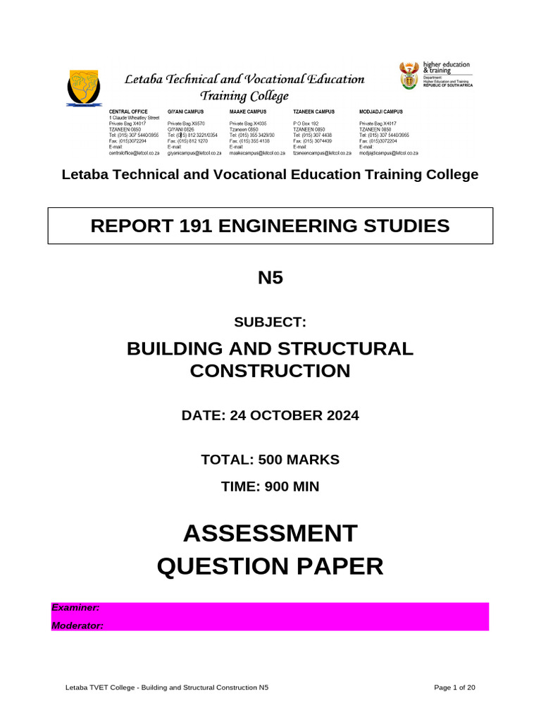 Building and Structural Construction N5 - Assessment - Thu Oct 24 2024 | PDF | Bending | Beam ...