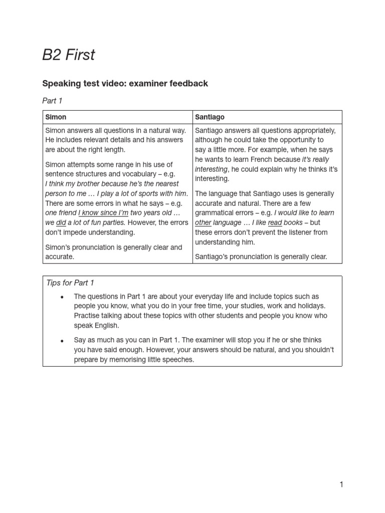 B2 First Speaking Test Feedback Guide | PDF | Stress (Linguistics ...