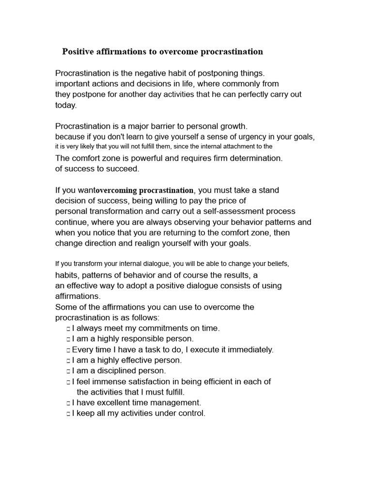 Positive Affirmations To Overcome Procrastination | PDF