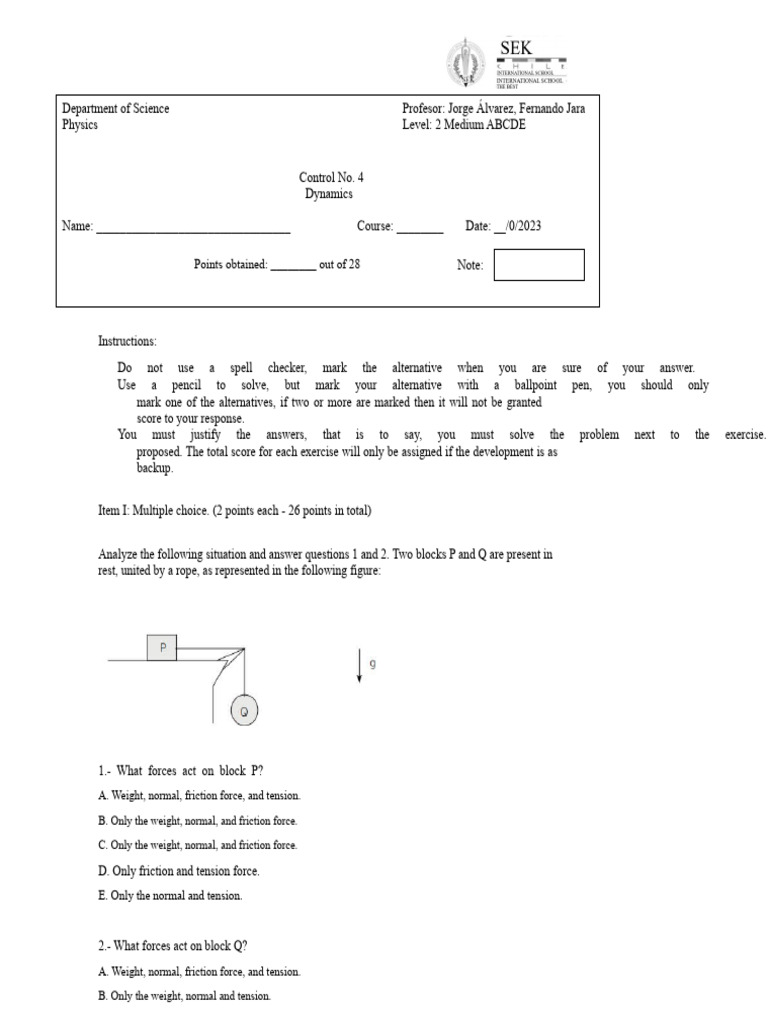 Control 4 Physics Second Year | PDF | Force | Friction