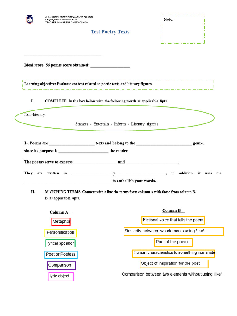 Test Poetic Texts 5th Grade | PDF | Poetry | Rhyme