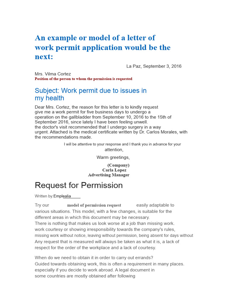 An Example or Model of A Work Permit Application Letter Would Be The ...