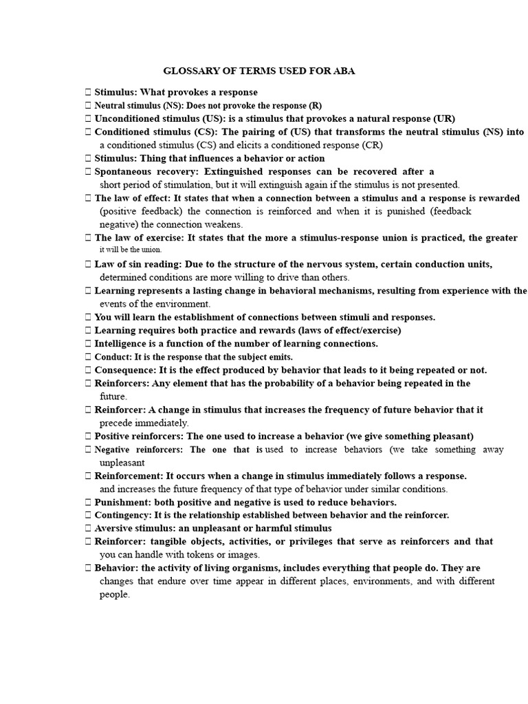 Glossary of Terms Used For Aba | PDF | Reinforcement | Classical ...