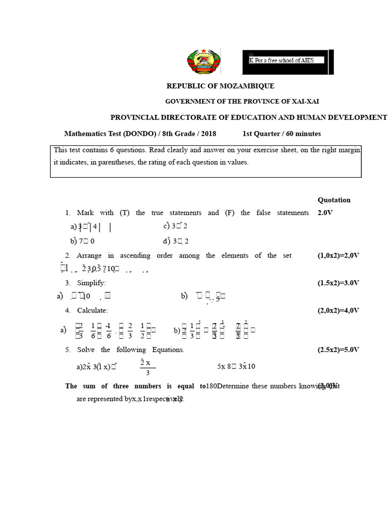 8TH Grade Test I Trimester | PDF | Mathematics | Equations