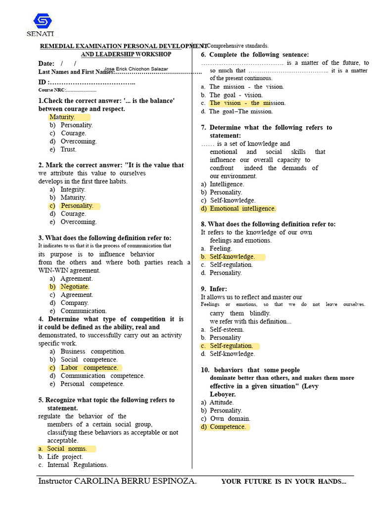 REMEDIAL EXAMINATION PERSONAL DEVELOPMENT AND LEADERSHIP WORKSHOP Send ...