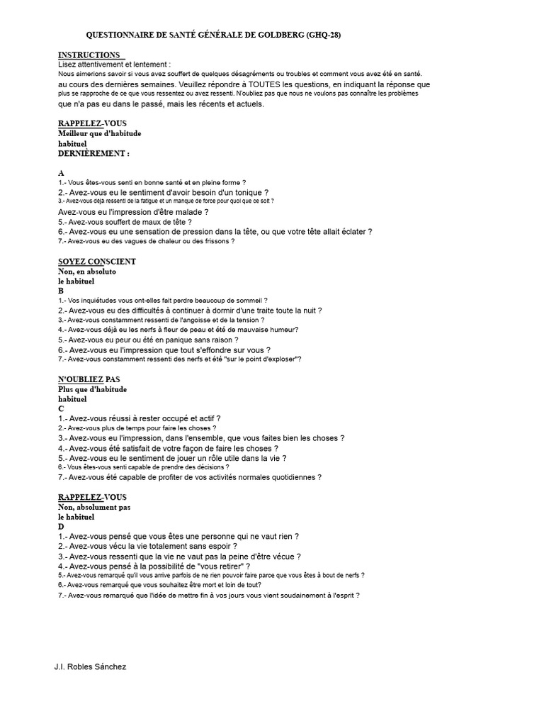 Questionnaire GHQ-28 sur la santé mentale | PDF | Sommeil | Psychologie
