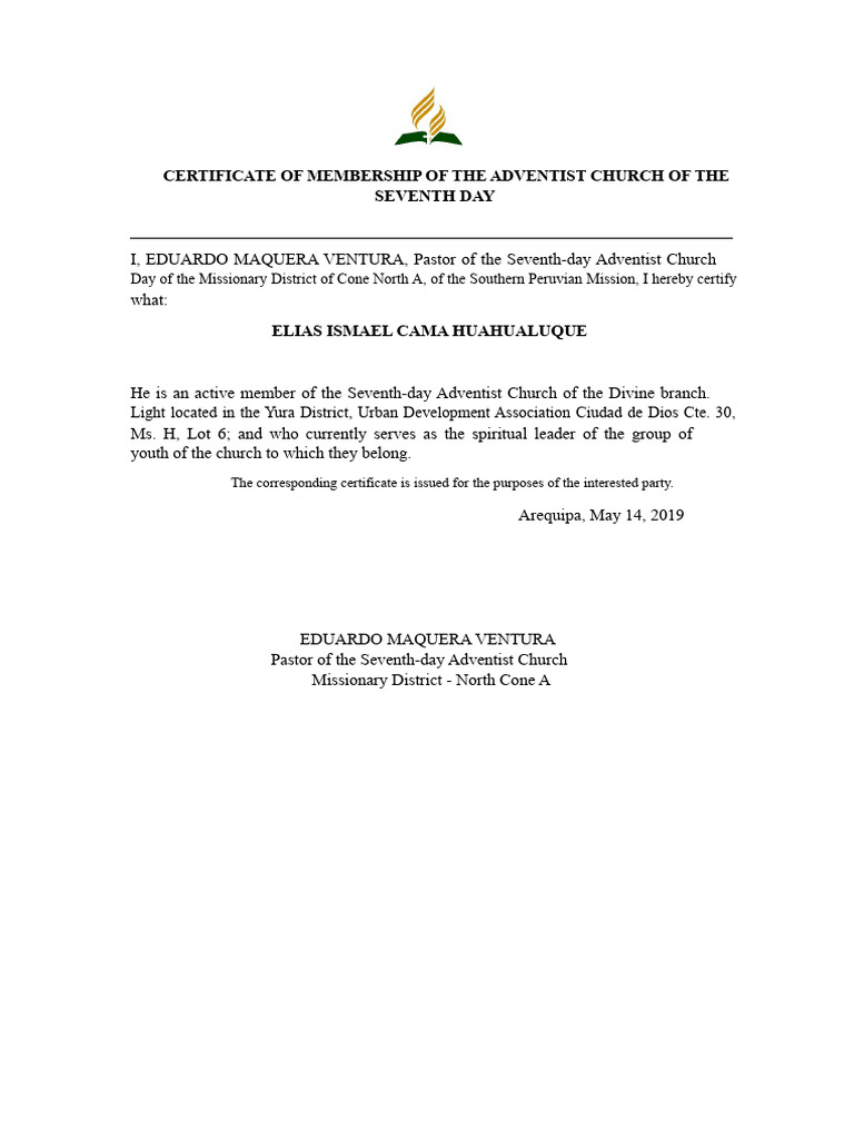 Seventh-day Adventist Membership Certificate | PDF