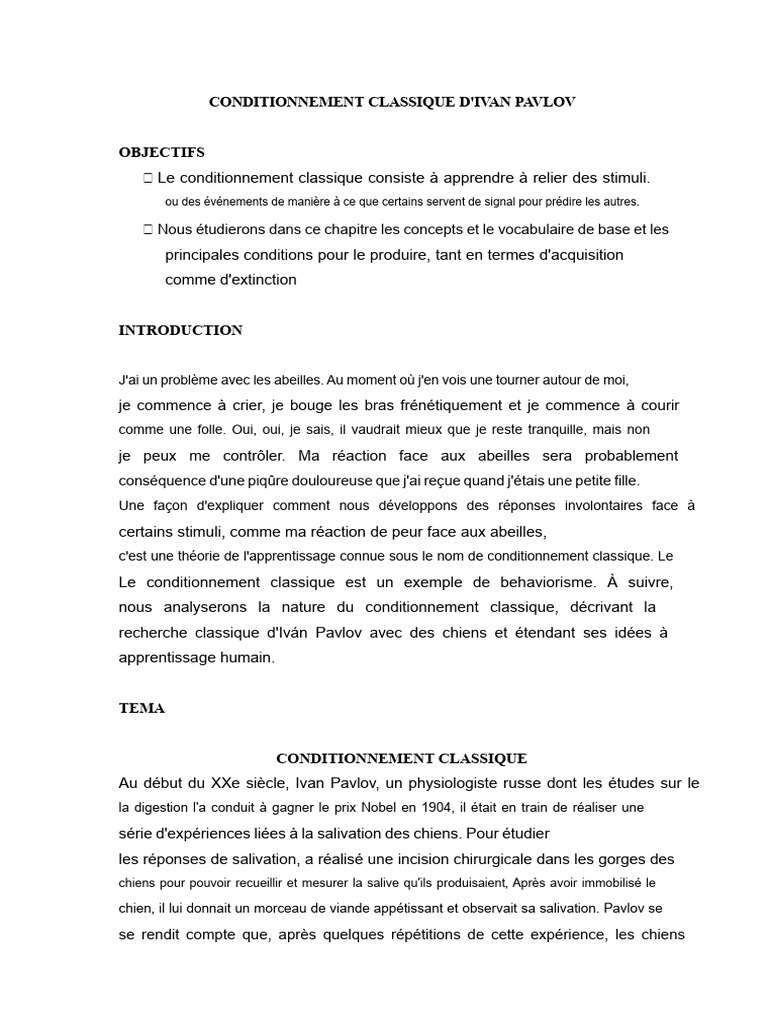 Conditionnement classique de Pavlov | PDF | Conditionnement classique ...