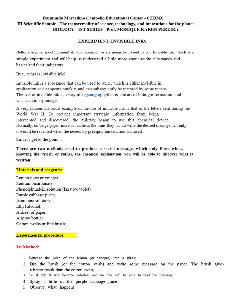 Invisible Ink Experiment | PDF | Acid | Chemical Substances