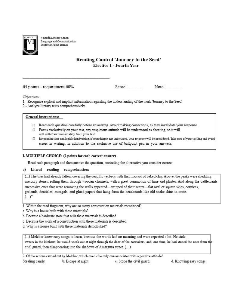 Reading Control Journey To The Seed | PDF | Multiple Choice
