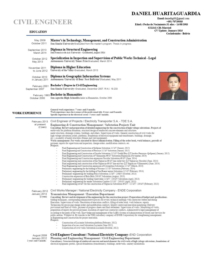 Civil Engineer CV: Daniel Huarita | PDF | Engineering