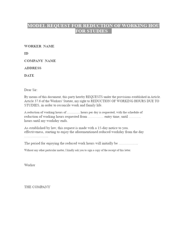 Request Model For Reduction of Working Hours For Studies | PDF