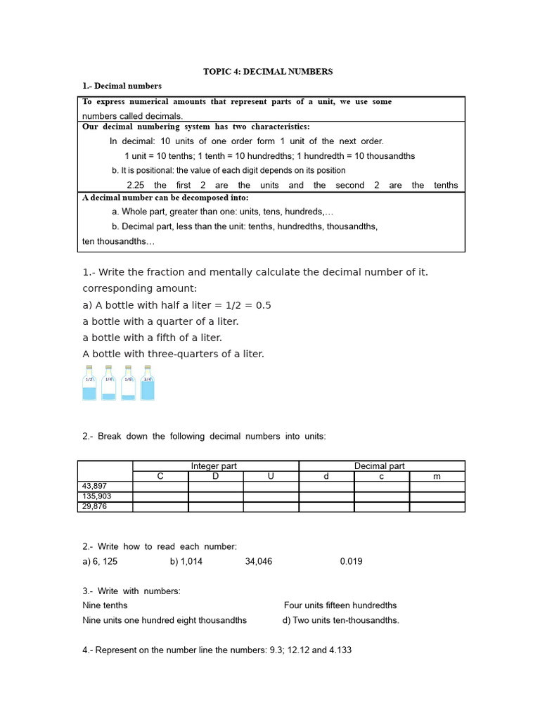 TOPIC 4-1st ESO: Decimal Numbers. Exercises | PDF | Numbers | Decimal