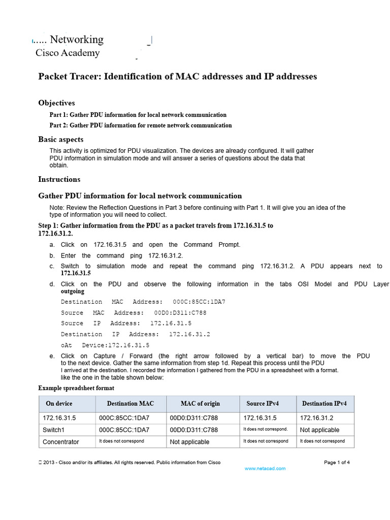 MAC and IP Address Identification in Packet Tracer | PDF | Computer ...
