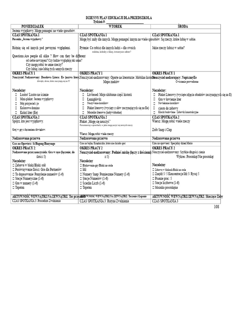 Plan Lekcji Przedszkolnej Tydzień 9 | PDF