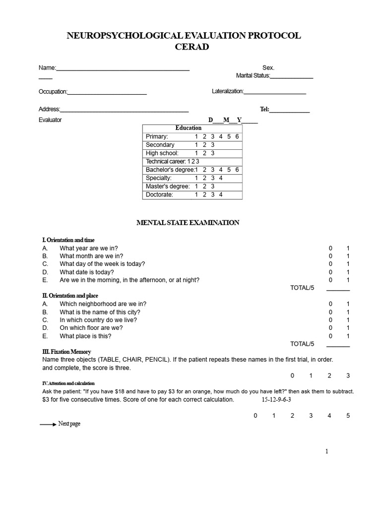 CERAD Protocol | PDF | Neuropsychological Assessment | Behavioural Sciences