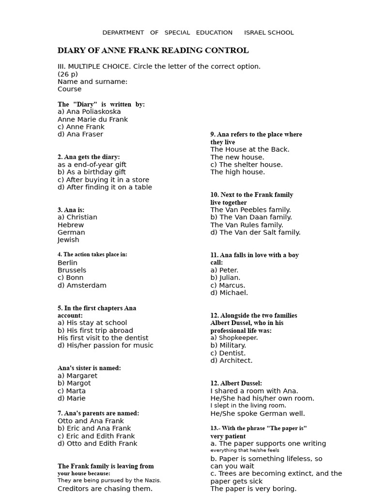Reading Control Diary of Anne Frank | PDF | Anne Frank