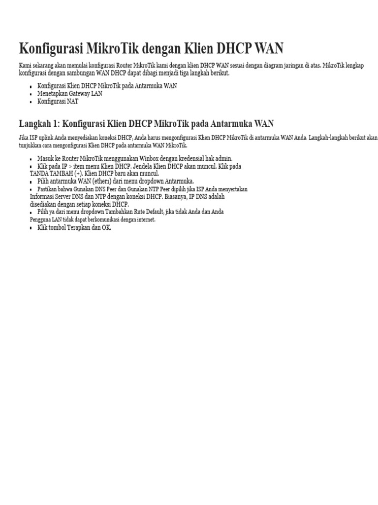 Konfigurasi MikroTik Dengan Koneksi WAN DHCP | PDF