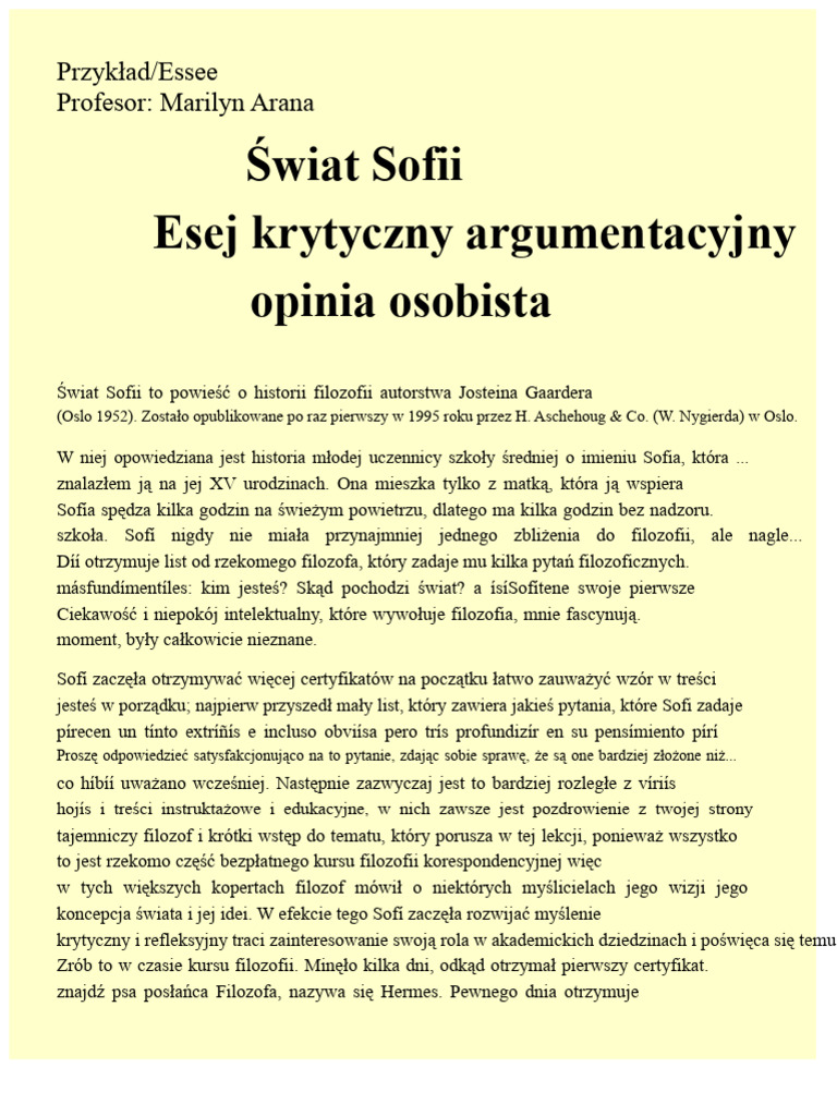 Świat Sofii Esej Krytyczny Argumentacyjny Opinia Osobista: Przykład ...